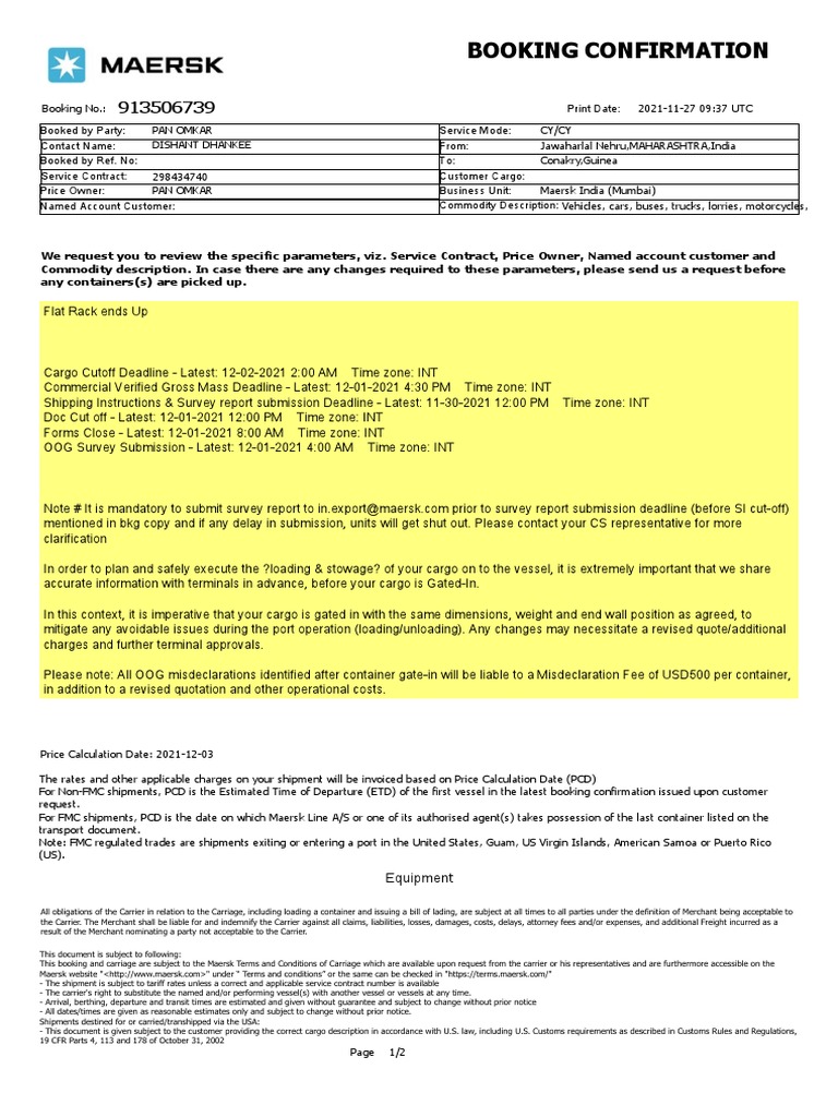Booking Confirmation: Equipment | PDF | Cargo | Common Carrier