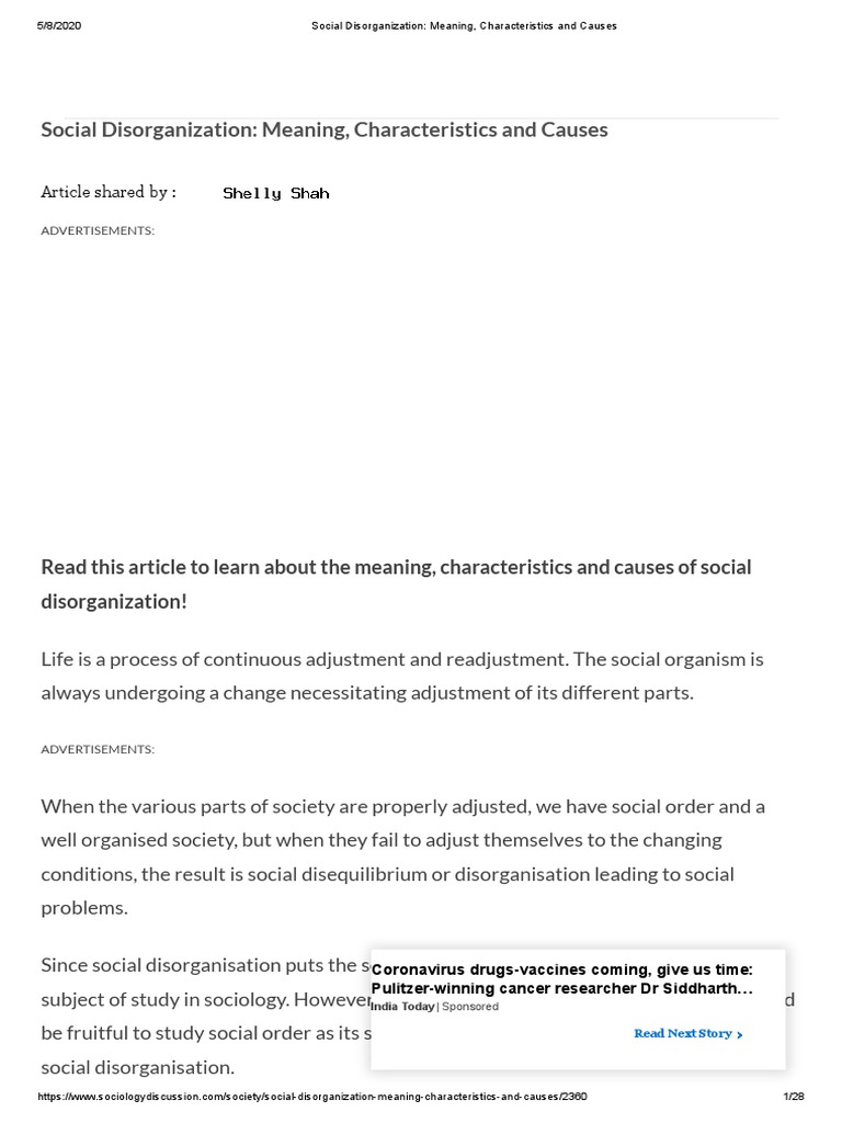 Social Disorganization - Meaning, Characteristics and Causes | PDF ...