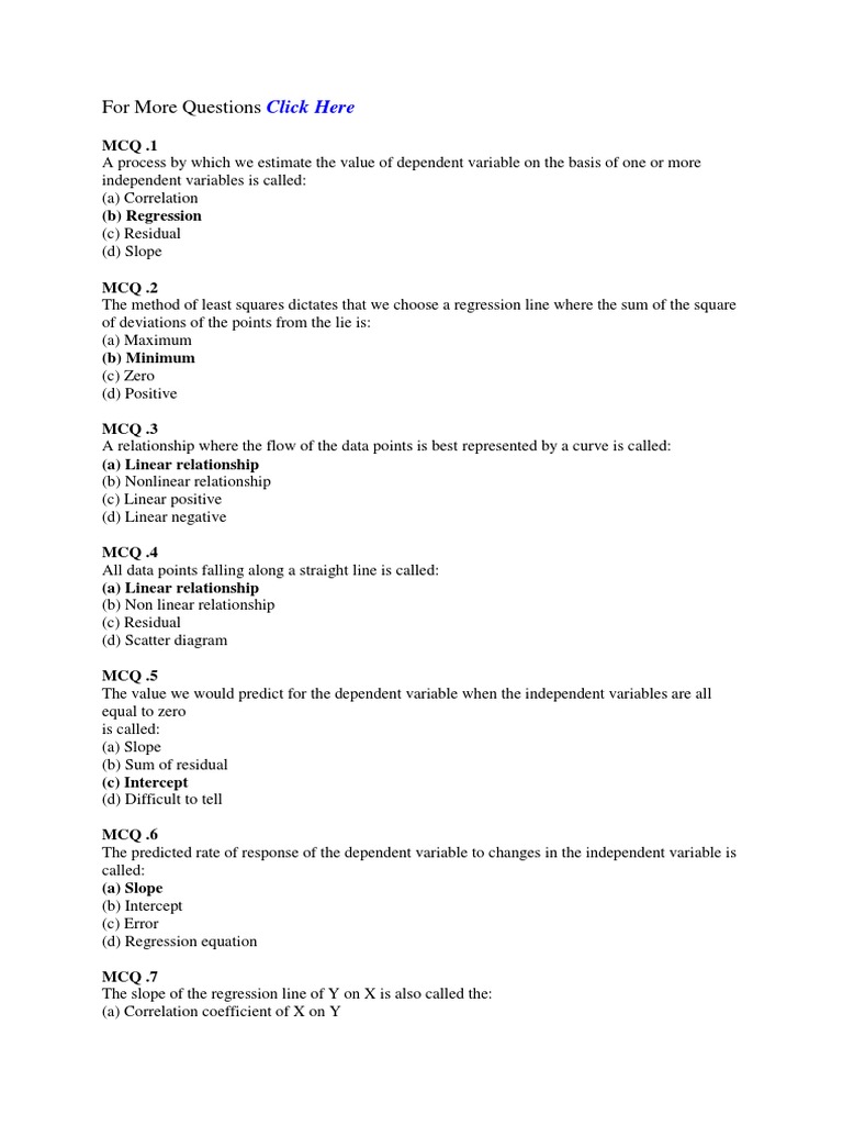 MCQ On Correlation and Regression | PDF