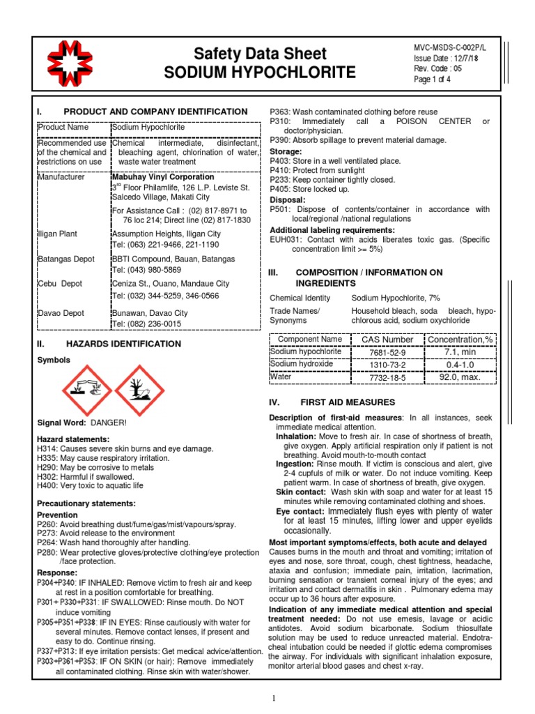 Sodium Hypochlorite Safety Data Sheet | PDF | Chlorine | Magnesium
