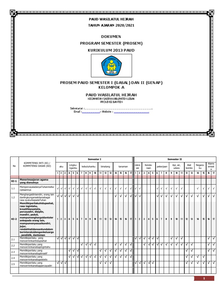 Program Semester Prosem - Promes Paud Semester 1 Dan 2 Tahun Pelajaran 2020.2021 | PDF