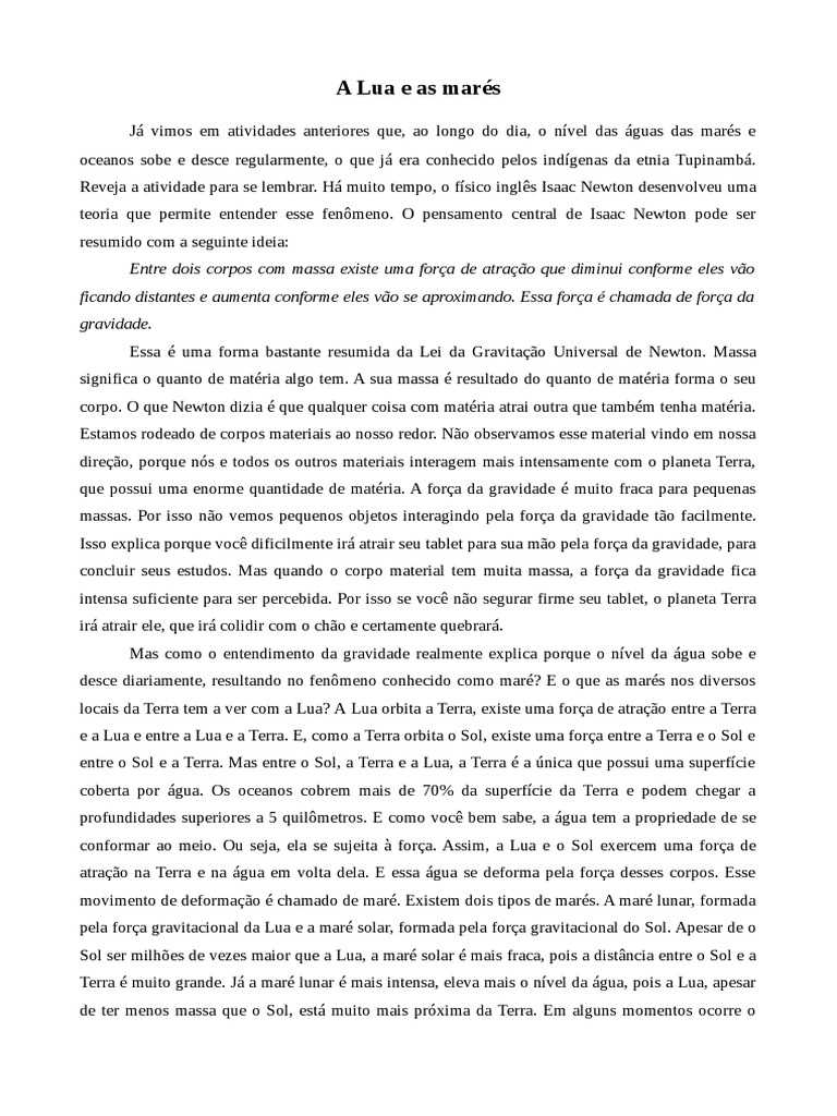 A influência da Lua e do Sol nas marés através da força da gravitação ...