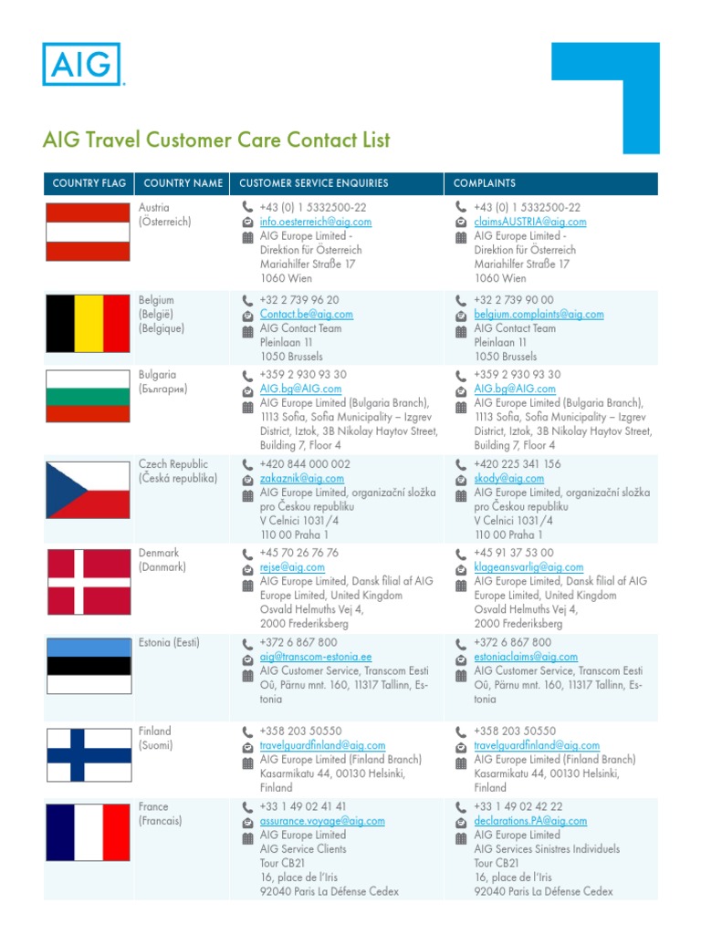 AIG Travel Insurance Customer Care and Complaints Contact List | PDF ...