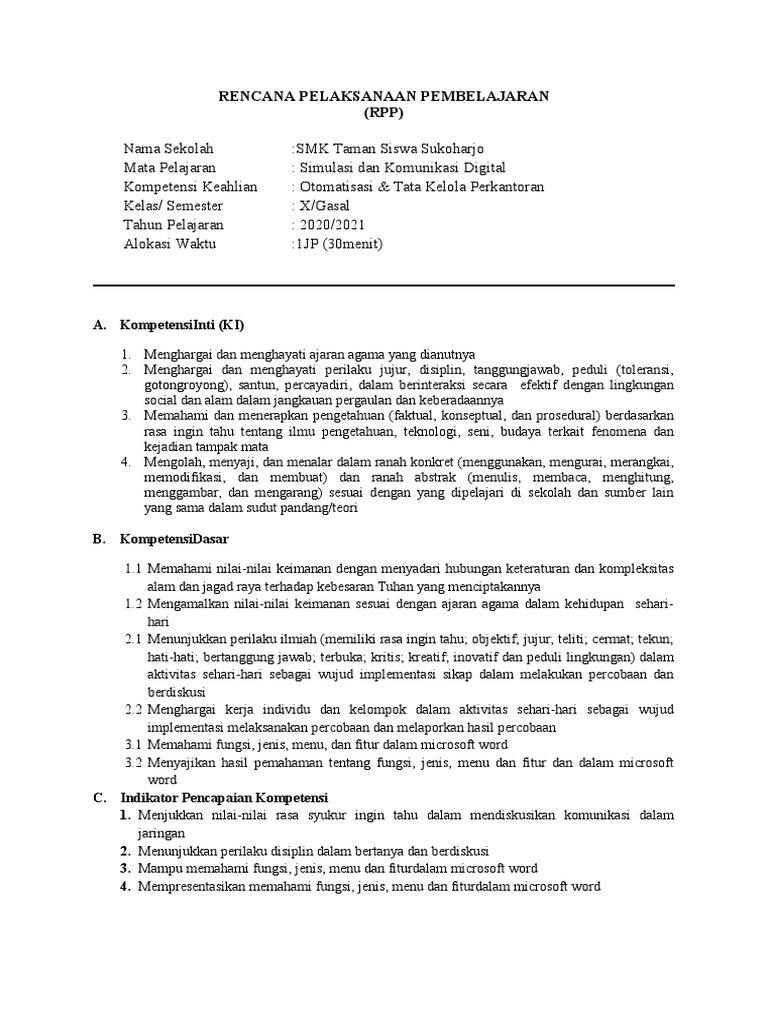 RPP SIMKOMDIG Kelas X OTKP FIX | PDF