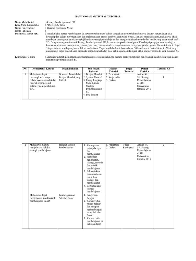 Rancangan Aktivitas Tutorial (Rat) | PDF