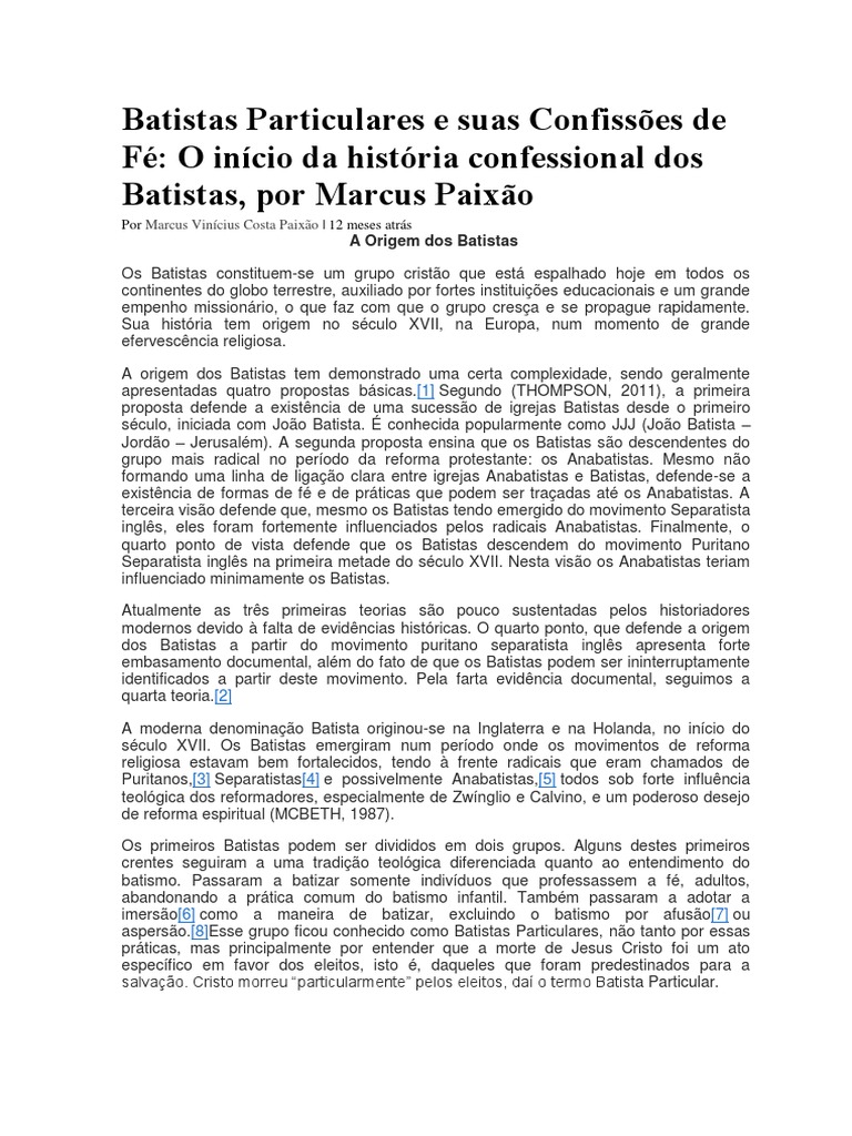 Batistas Particulares e Suas Confissões de Fé O Início Da História ...