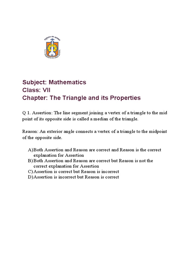 The Triangle and Its Properties (Class 7) | PDF | Triangle | Mathematics