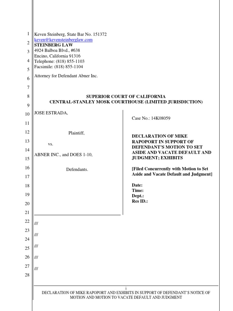 Declaration of Mike Rapoport in Support of Motion To Set Aside Default ...