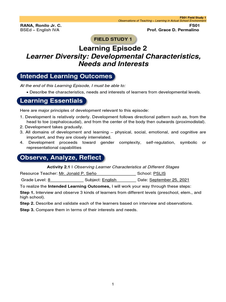 Learner Diversity: Developmental Characteristics, Needs and Interests | PDF | Learning | Teachers