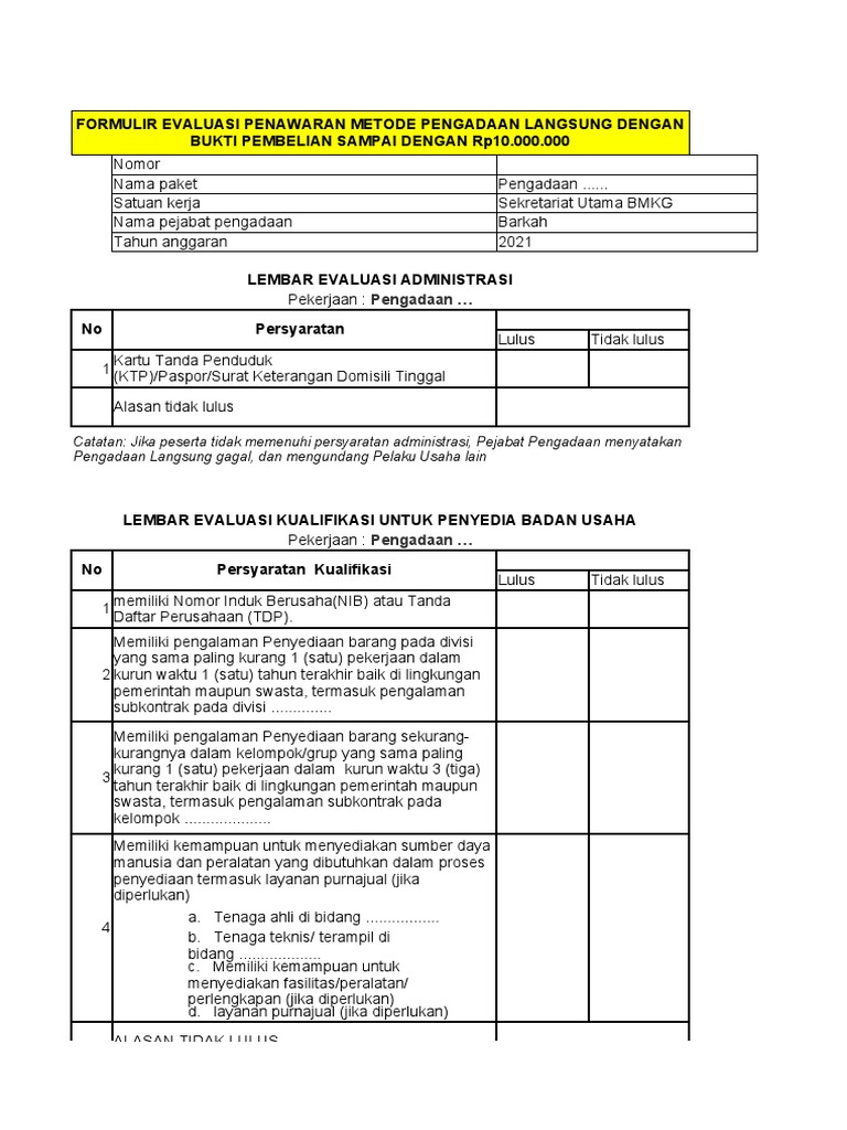 4 Kertas Kerja Evaluasi Penawaran Pengadaan Langsung Barang Dan Jasa ...