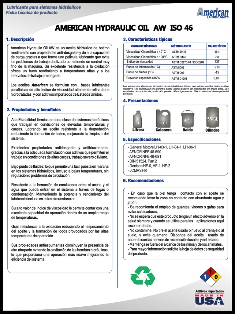 FT American - Hydraulic - Oil - Aw - Iso - 46 | PDF | Lubricante | Petróleo