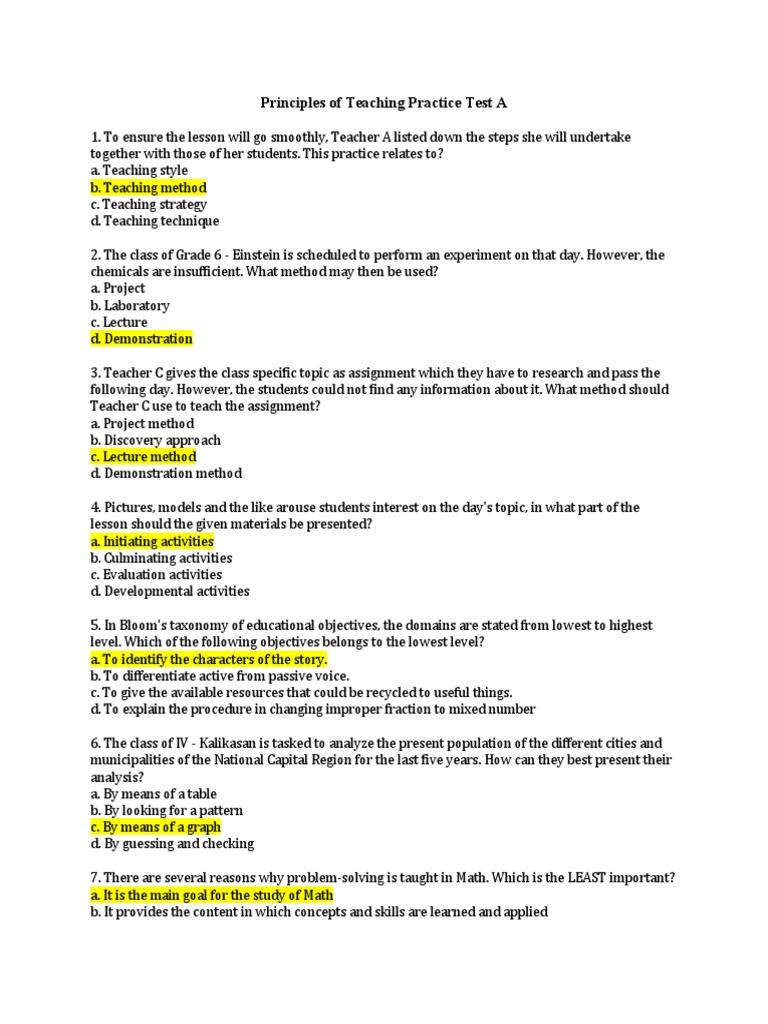 Principles of Teaching Practice Test A | PDF | Lesson Plan | Teachers