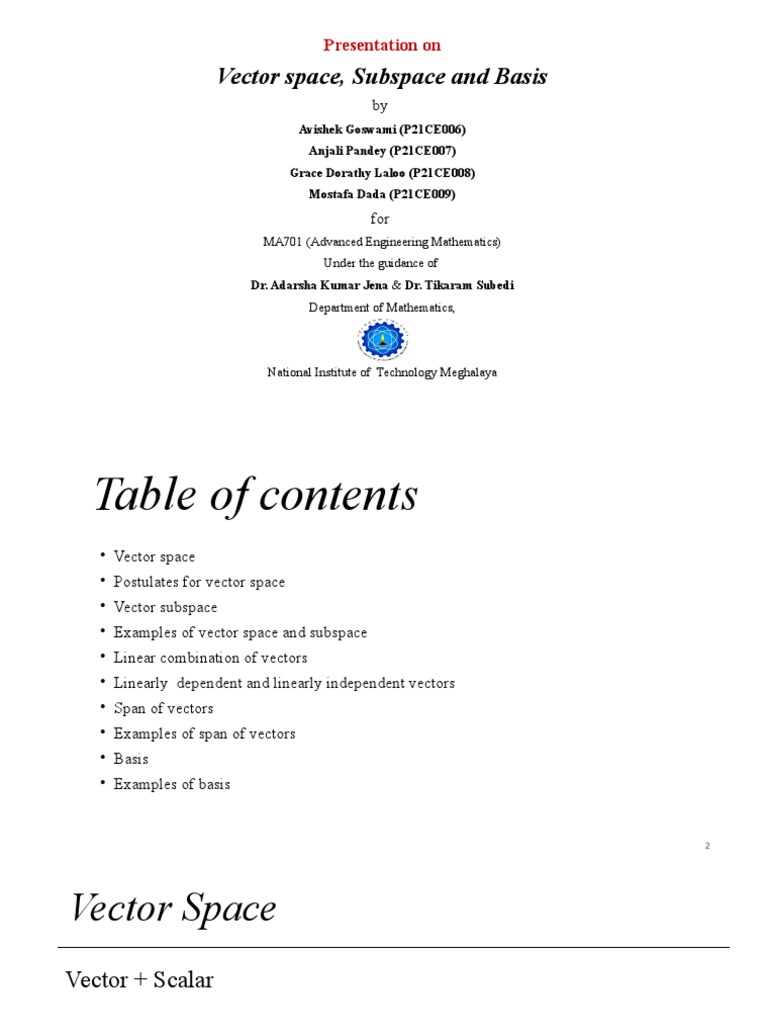 Vector Space, Subspace and Basis: Presentation On | PDF | Basis (Linear ...