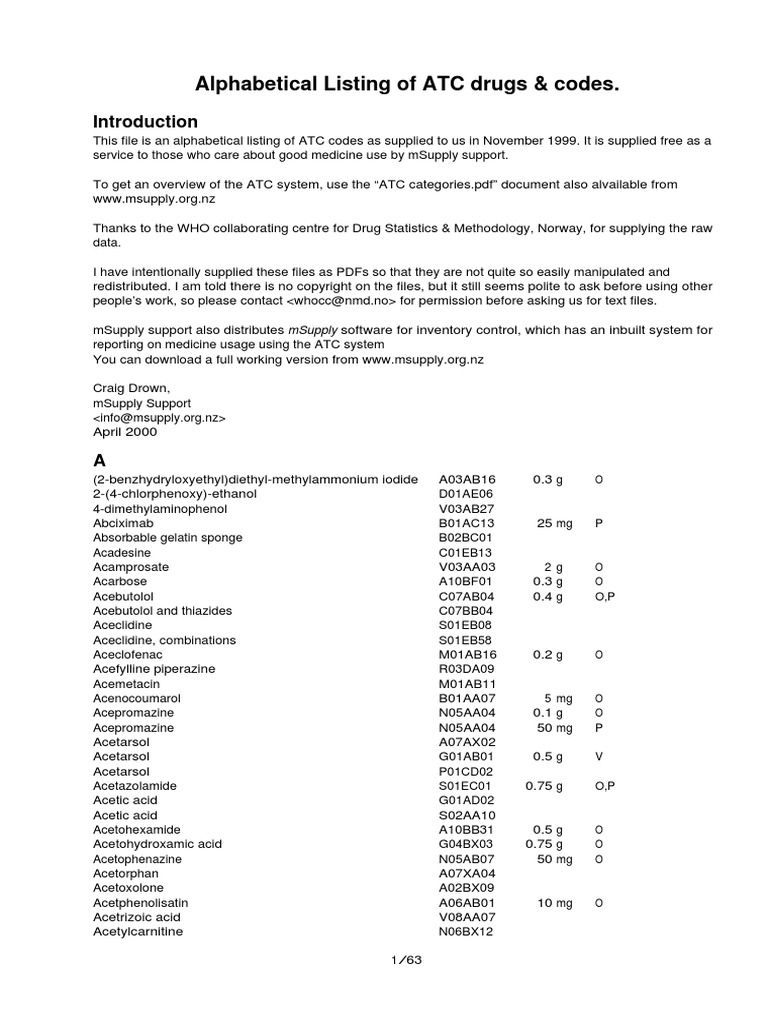 Alphabetical Listing of ATC Drugs & Codes | PDF | Calcium | Aluminium