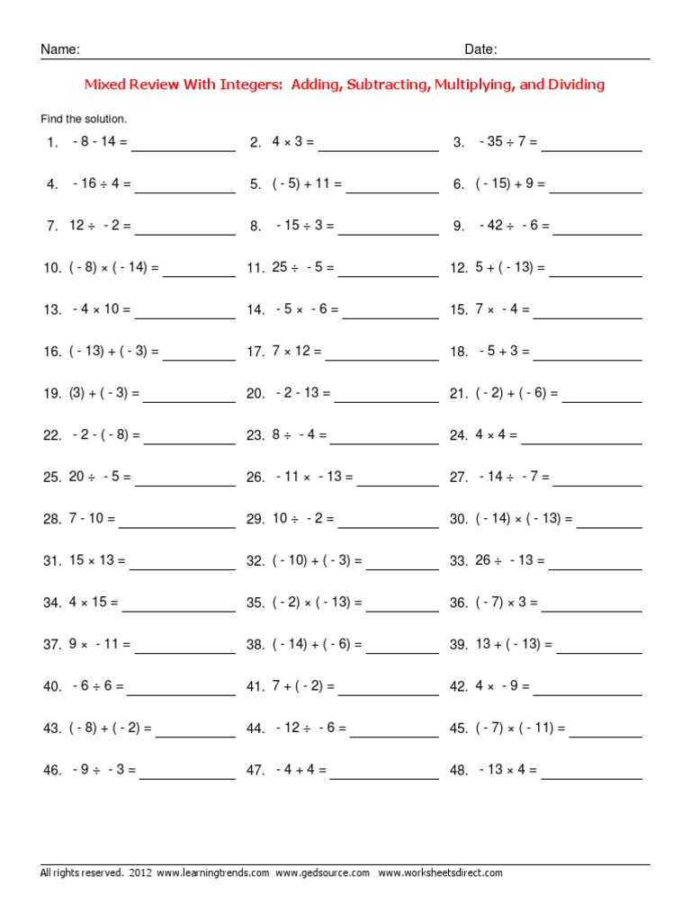 Mixed Review With Integers: Adding, Subtracting, Multiplying, and ...