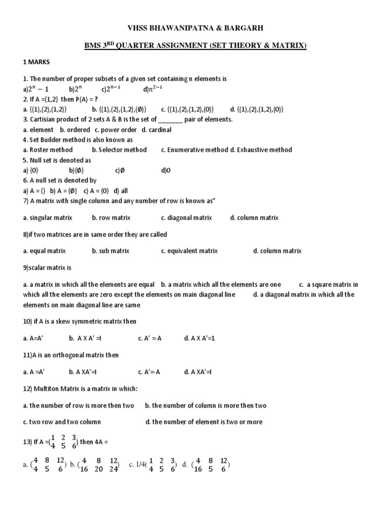 Vhss Bhawanipatna & Bargarh Bms 3 Quarter Assignment (Set Theory ...