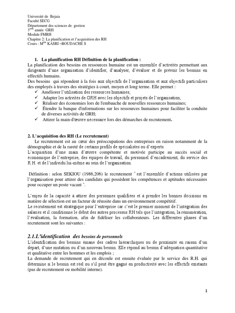 Recrutement et planification RH en GRH | PDF | Recrutement | Gestion ...