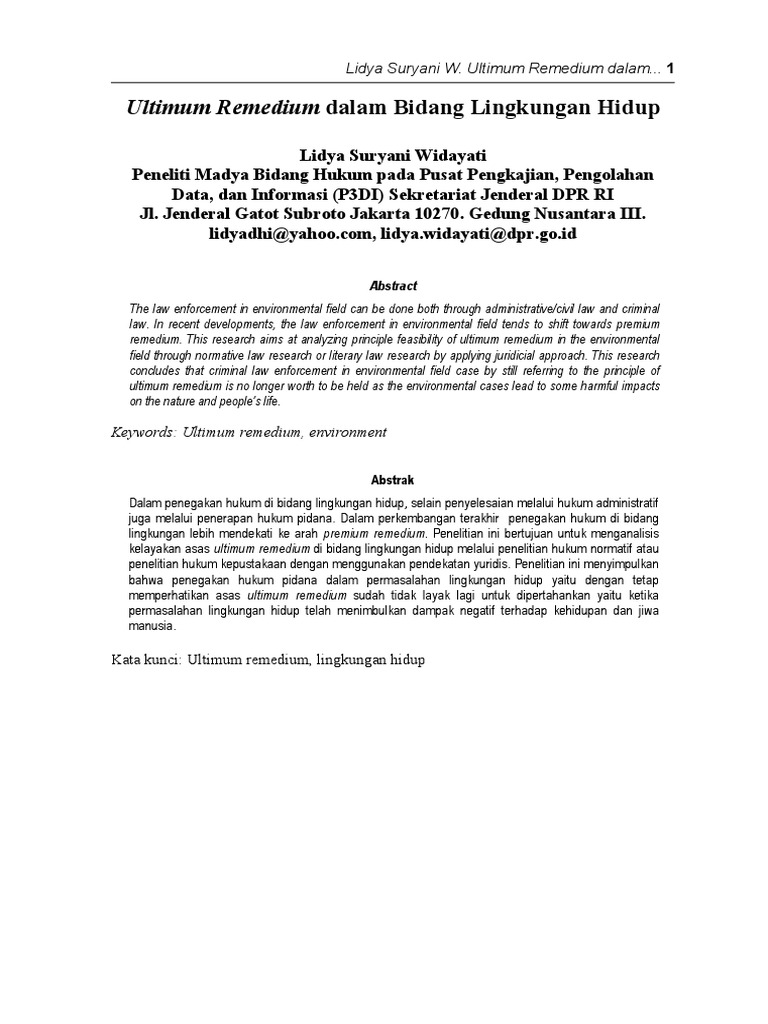 Ultimum Remedium Dalam Bidang Lingkungan Hidup Lidya Suryani Widayati | PDF