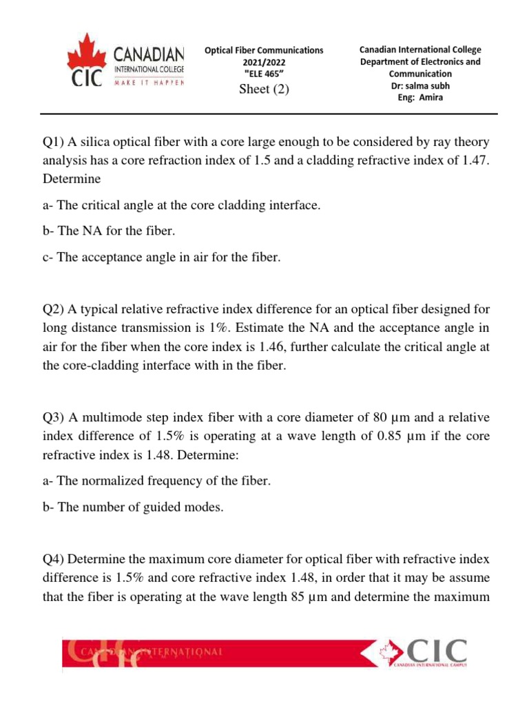 Optical Communication - Sheet 2 | PDF | Optical Fiber | Refraction