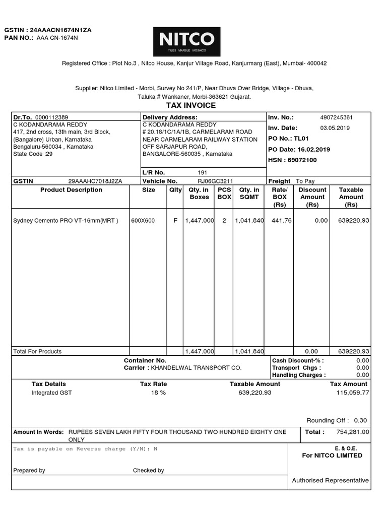 Nitco Invoice No.-4907245361 | PDF | Interest | Value Added Tax