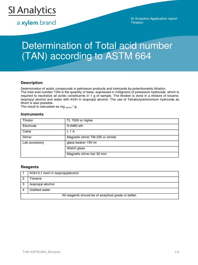 Determination of Total Acid Number (TAN) According To ASTM 664 | PDF ...