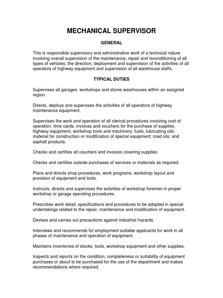 Mechanical Supervisor: General | PDF | Business | Engineering