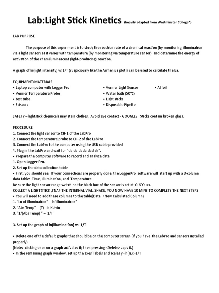 Lab Light Stick Kinetics Student Version FINAL | PDF | Chemical ...