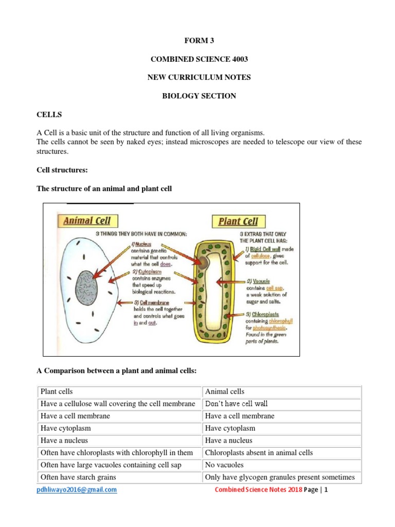 Form 3 Combined Science 4003 New Curriculum Notes Biology Section Cells ...