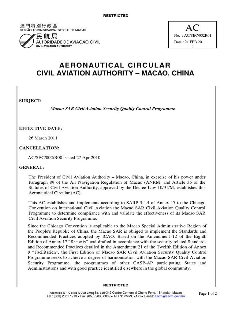 Aeronautical Circular Civil Aviation Authority - Macao, China | PDF ...