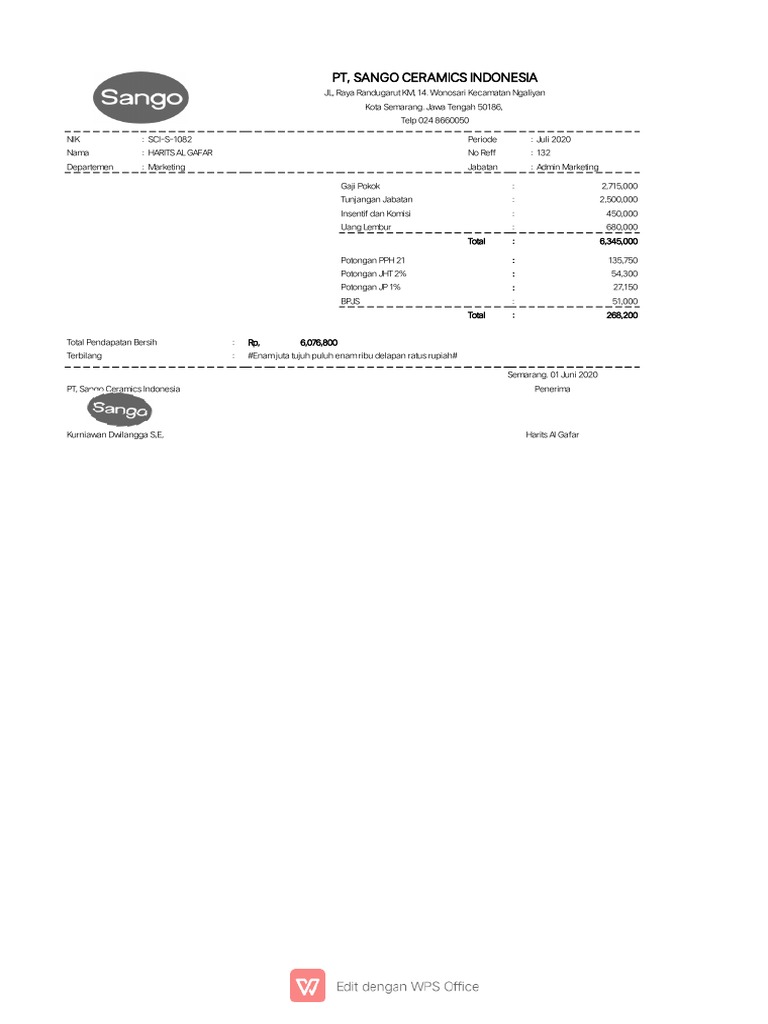 Slip Gaji PT Sango Ceramics Semarang | PDF
