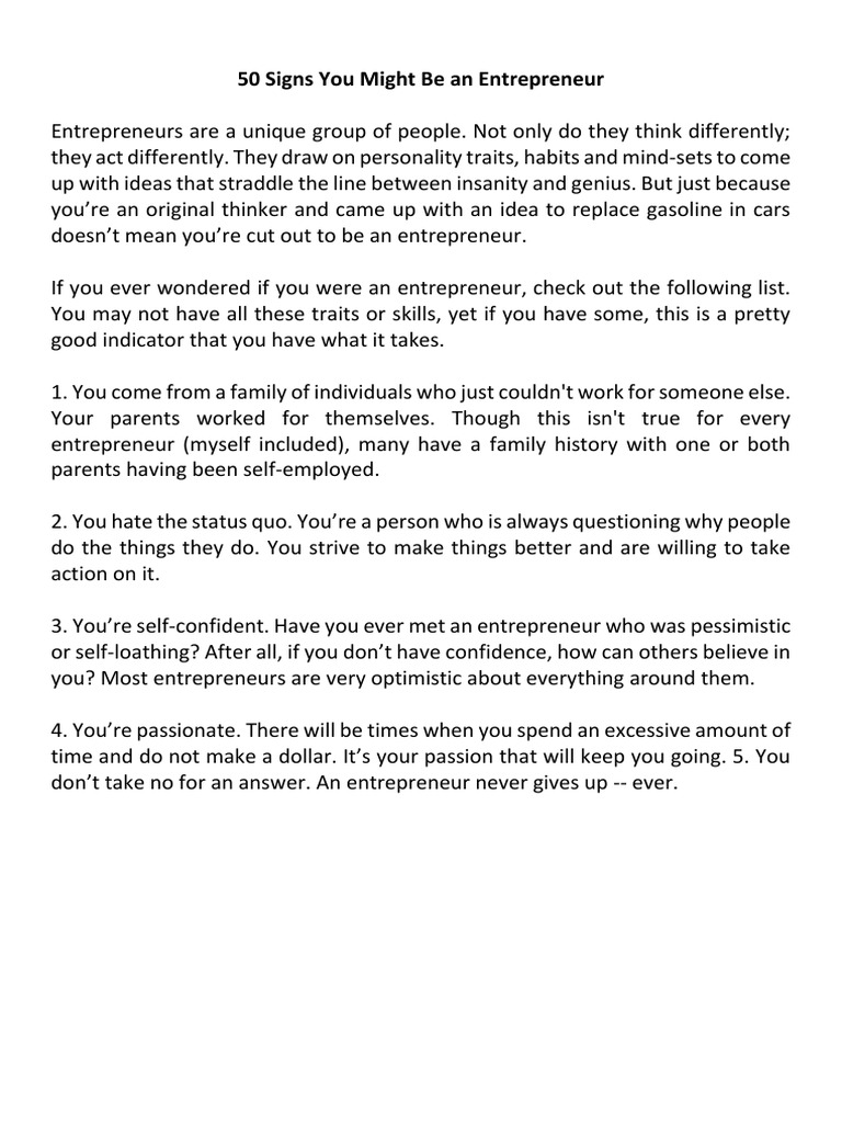 50 Signs You Might Be An Entrepreneur | PDF
