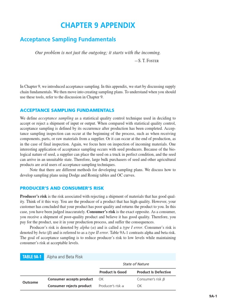 Chapter 9 Appendix: Acceptance Sampling Fundamentals | PDF | Sampling (Statistics) | Risk
