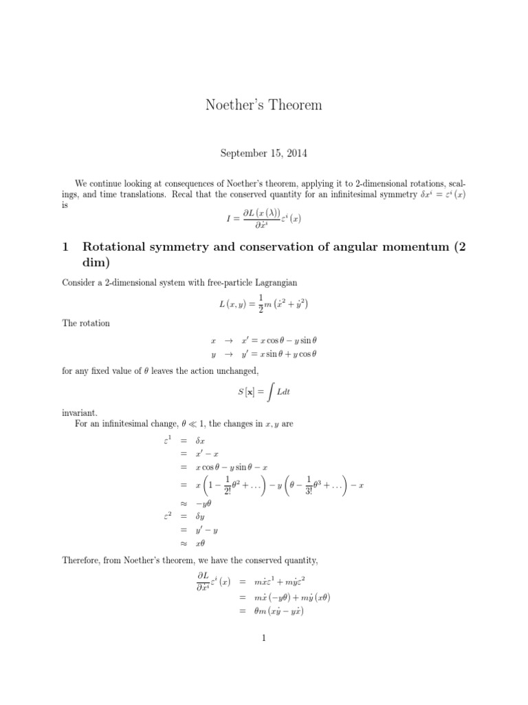 Noether's Theorem: 1 Rotational Symmetry and Conservation of Angular ...
