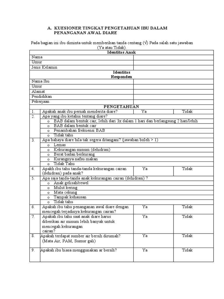 Kuesioner Pengetahuan Ibu tentang Diare | PDF