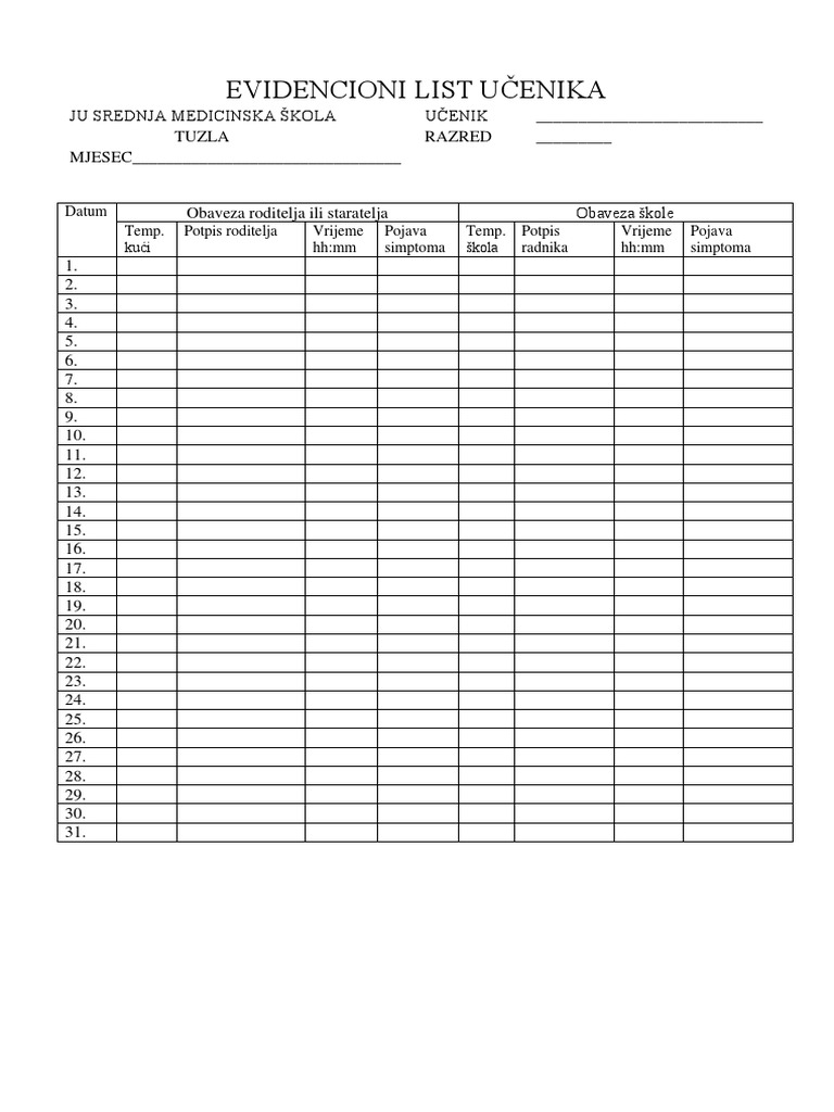Evidencioni List Učenika | PDF