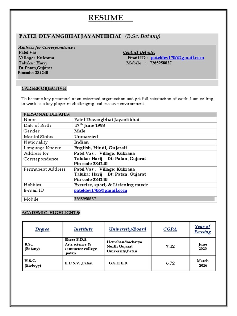 Resume: Patel Devangbhai Jayantibhai (B.Sc. Botany) | PDF | Cognition