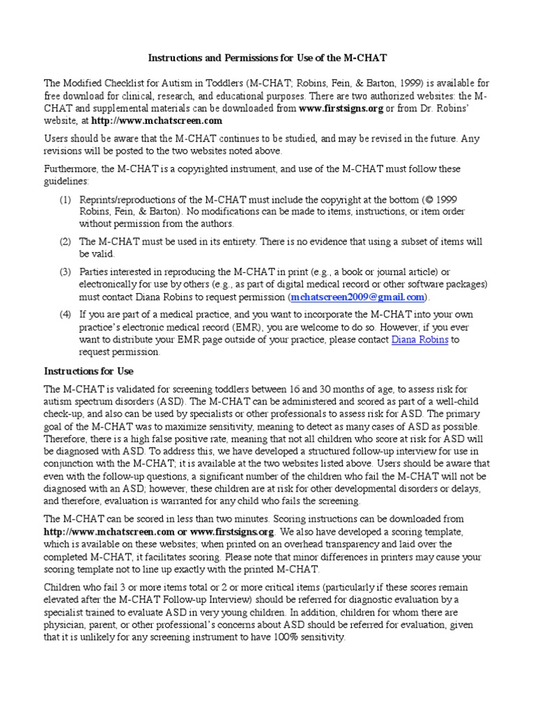 Instructions and Permissions For Use of The M-CHAT: Diana Robins | PDF ...