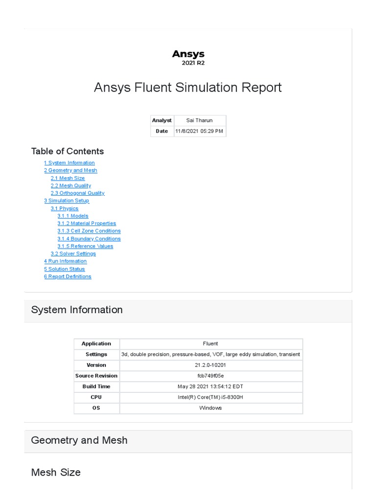 Ansys Fluent Simulation Report | PDF | Shear Stress | Density