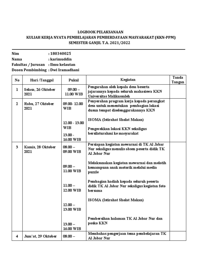 LOGBOOK AKTIVITAS KKN | PDF