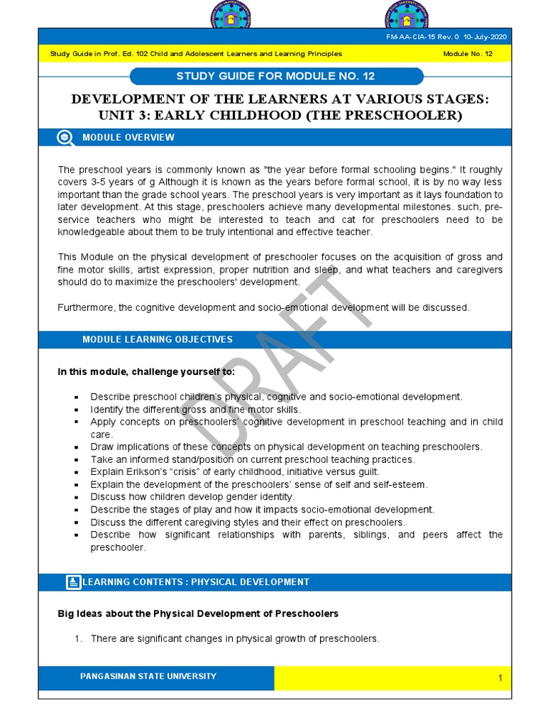 Development of The Learners at Various Stages: Unit 3: Early Childhood ...