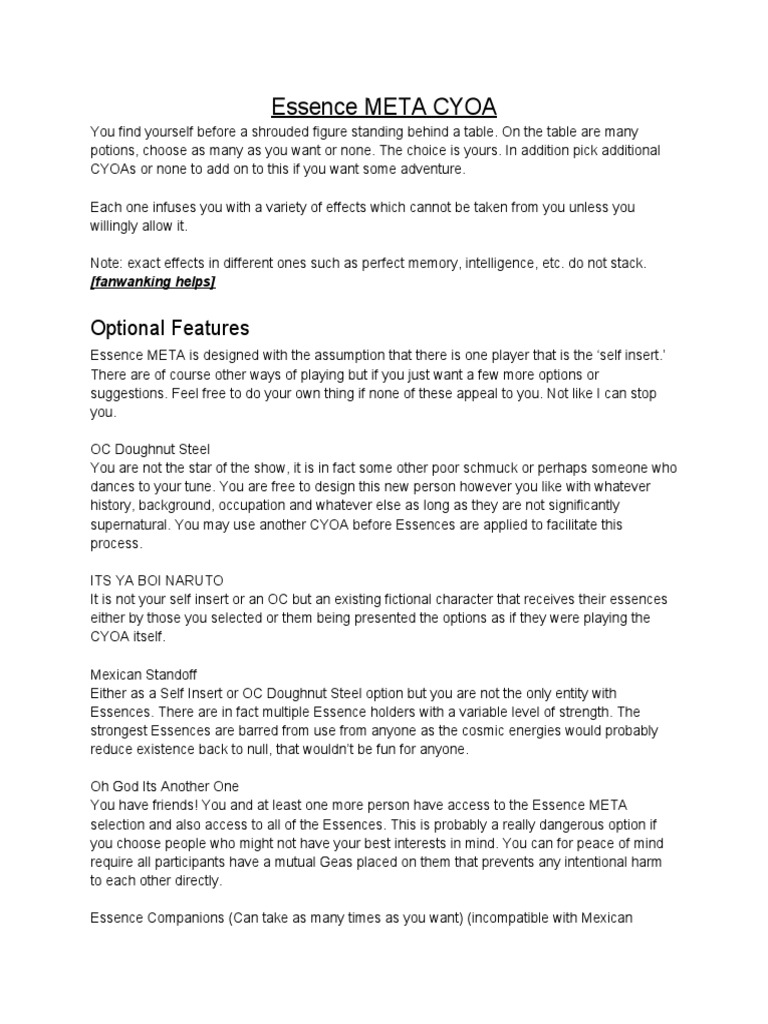 Essence META CYOA: Choose Potions and Gain Powers | PDF | Soul | Mind