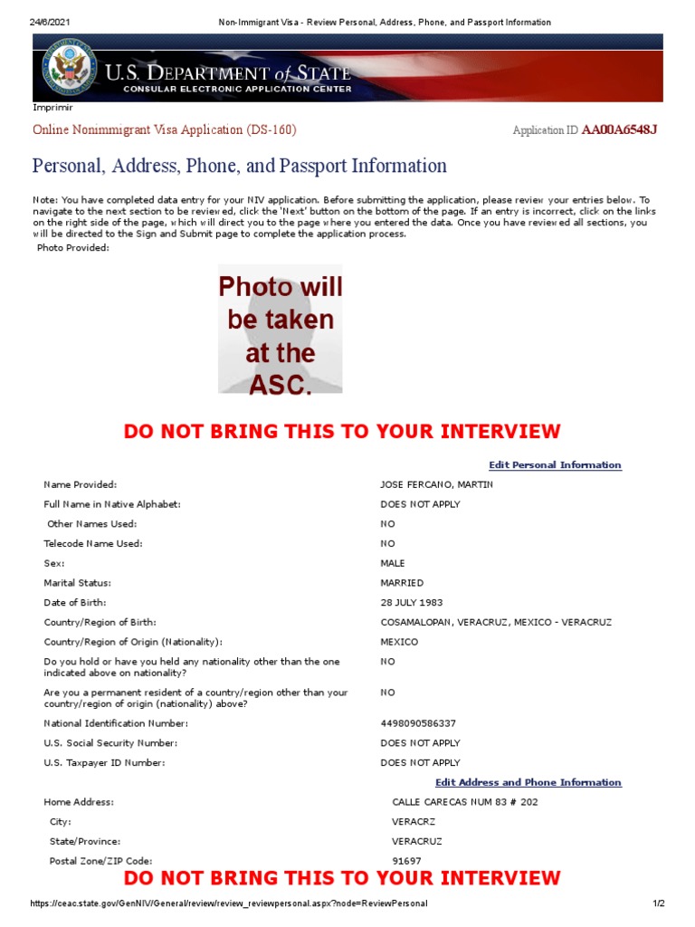 DS-160 Visa Application Review for Mexico | PDF | Passport | Travel Visa