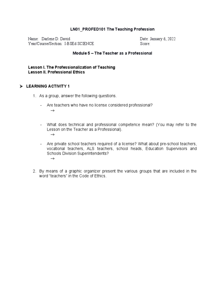 Lesson I. The Professionalization of Teaching Lesson II. Professional ...