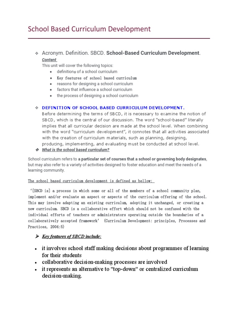 Acronym. Definition. SBCD. School-Based Curriculum Development | PDF | Curriculum | Learning