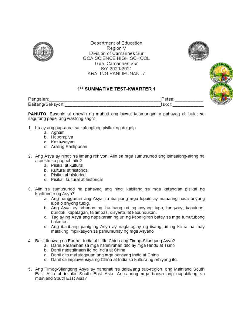 Quarter 1 AP 7 1st Summative Test | PDF