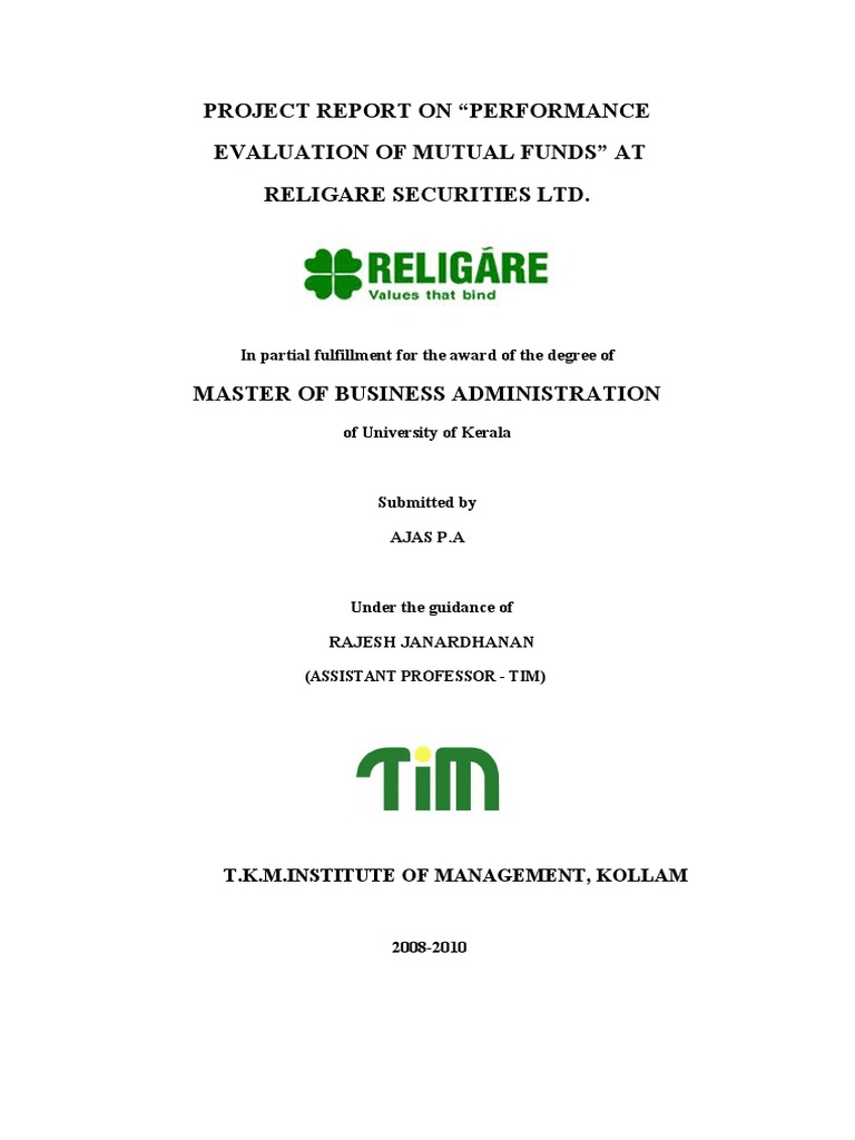 Project Report On "Performance Evaluation of Mutual Funds" at Religare ...