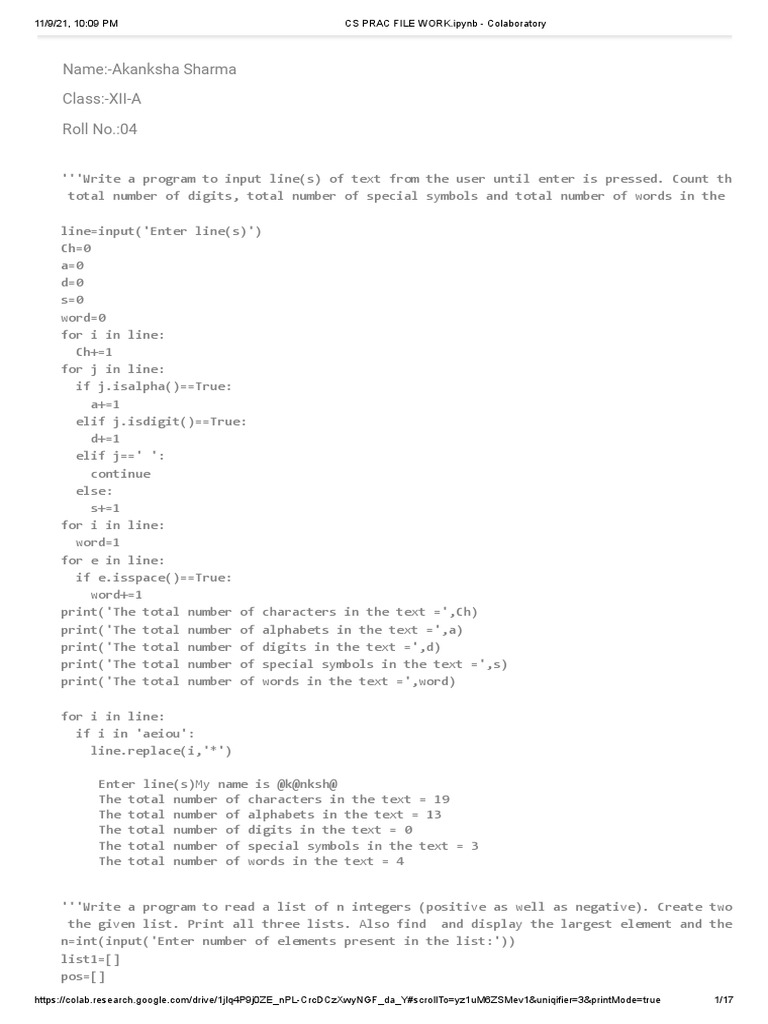 CS PRAC FILE WORK - Ipynb - Colaboratory | PDF | Numbers | Text File