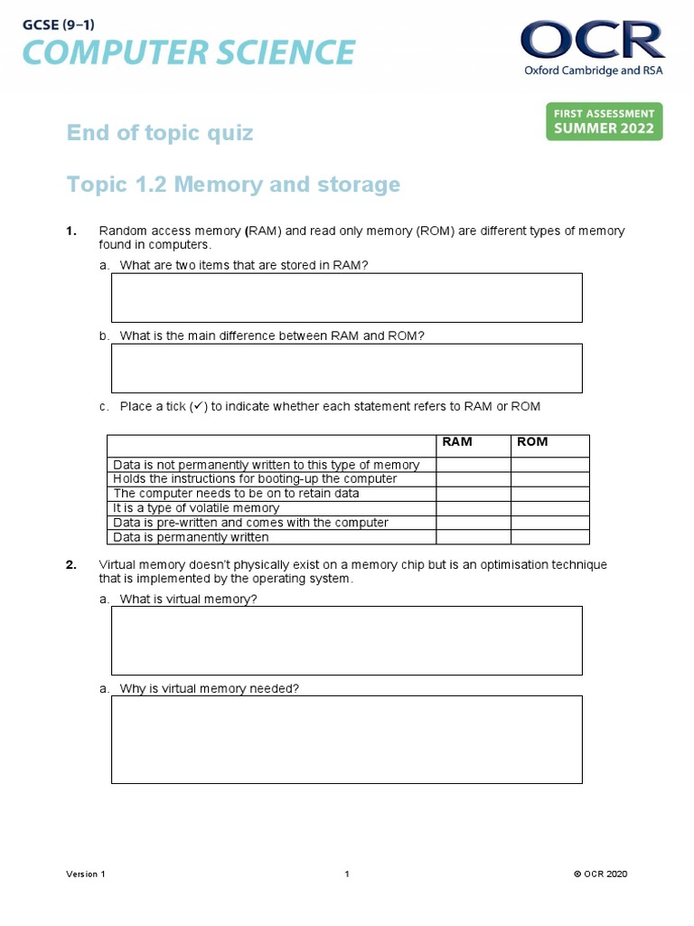 End of Topic Quiz Topic 1.2 Memory and Storage | PDF | Computer Data ...