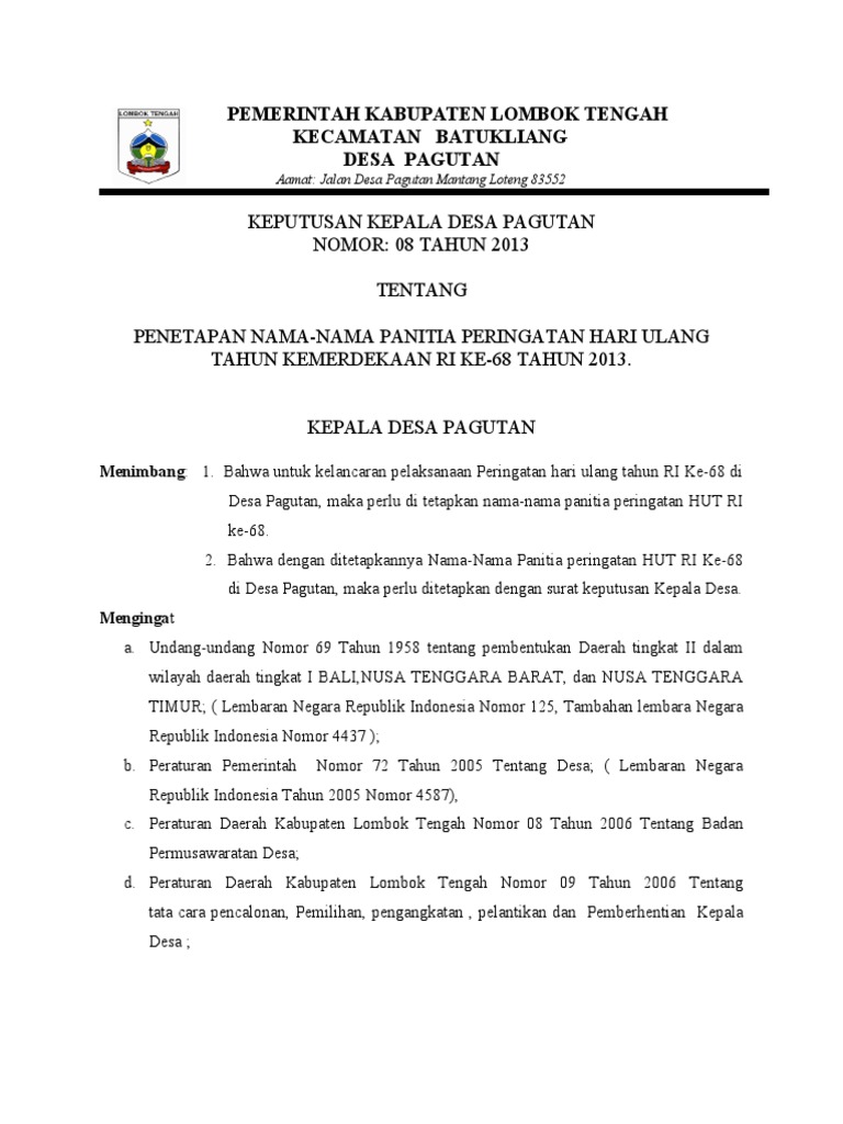 Panitia HUT RI Ke-68 Desa Pagutan | PDF