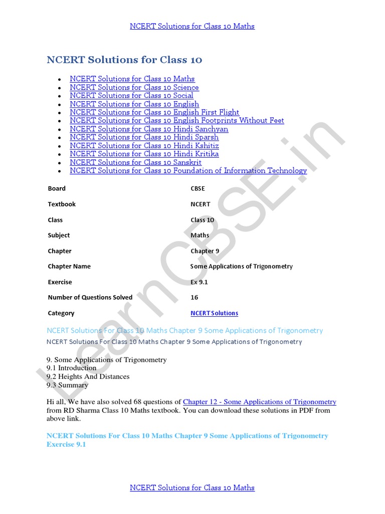 Class 10 Trigonometry Solutions PDF | PDF | Height